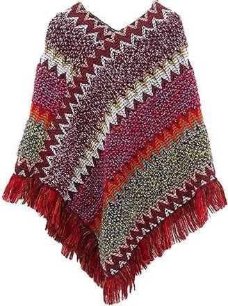 Generic Poncho en tricot pour femme - Style hippie - Doux - Frange au crochet - Cape asym&eacute;trique - Cardigan tricot&eacute; pour femme - Cape boh&egrave;me &agrave; franges - Ch&acirc;le