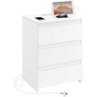 Yaheetech Yaheetech Table de Chevet avec Multiprise, 2 Prises et 2 Ports USB, Table dappoint Salon avec 3 Tiroirs, 45,5 &times; 35,5 &times; 60,5 cm, Style Moderne, Blanc