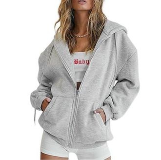 Generic Sweat &agrave; capuche pour femme - En coton - Fermeture &eacute;clair - Avec cordon de serrage - Doux - Manches longues - Fermeture &eacute;clair, gris clair, XXL