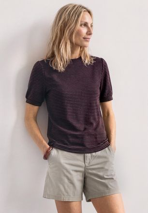Street One T-Shirt STREET ONE, Damen, Gr. 34, lila (rustic rouge), Web, 95% Baumwolle, 5% Elasthan, gestreift, regular fit normal, Rundhals, B&uuml;ndchen, Shirts T-S