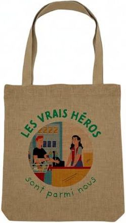 Fabulous Sac Shopping Tote Bag Aspect Lin - Les Vrais H&eacute;ros - Caissi&egrave;re Vendeuse M&eacute;tier Sac de Courses Toile Epaisse 360g Beige Naturel Cabas Port&eacute; Epaule Soli