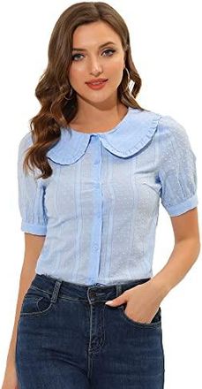 Allegra K Chemise boutonnée à Manches Courtes à Pois suisses pour Femmes Chemisier à col Claudine Bleu Clair M