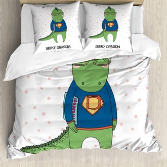 Abakuhaus Geek Bettbezug Set f&uuml;r Einzelbetten, Nerd-Drache und Comic, Milbensicher Allergiker geeignet mit Kissenbezug, 155 cm x 200 cm - 80 x 80 cm, Mehrfarbig