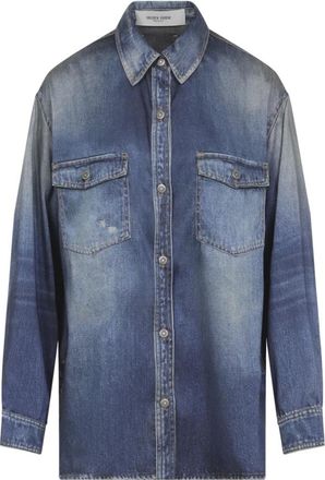Golden Goose Femme, Blouses et Chemises, Bleu, Taille: 40 FR Patty Over Shirt Archive Denim Print