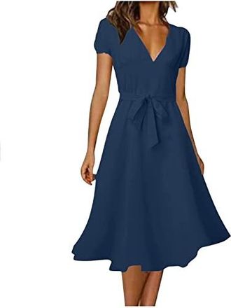 Generic Générique Robe De Plage Soirée Femme Chic Et Élégante Longue Mode Décontractée Cérémonie Sexy Manches Courtes Col en V Ample (Marine, L)