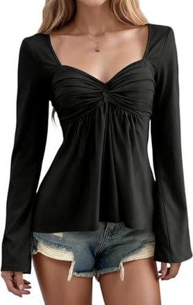 Generic Haut de f&ecirc;te pour femme - Chemisier &agrave; manches longues et col carr&eacute; avec d&eacute;tails torsad&eacute;s sur le devant - Taille ajust&eacute;e - Ourlet p&eacute;plum pour une tenue