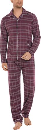iClosam Herren Schlafanzug Winter Lang Pyjamas Set Baumwolle Schlafanzüge Männer Zweiteiliger mit Knöpfen Langarm Karierter Nachtwäsche mit V-Ausschnitt Loung