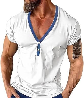 Generic T-shirt dété à manches courtes pour homme - Col en V profond - Coupe basse - Haut moulant - T-shirt extensible boutonné - T-shirt décontracté pour les