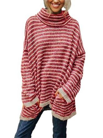 Generic Pull &agrave; col roul&eacute; ray&eacute; &agrave; manches longues pour femme, coupe d&eacute;contract&eacute;e, haut surdimensionn&eacute; en tricot c&ocirc;tel&eacute; avec poches - Noir - Taille L - Pour un u