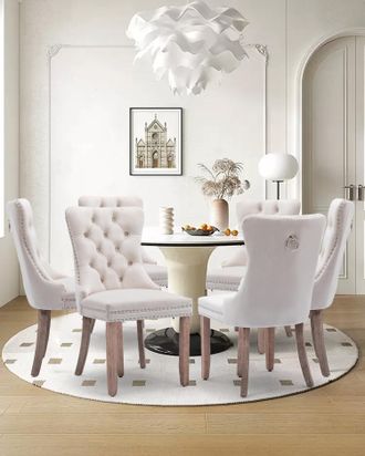 Generic Samtgepolstertes, Getuftetes Esszimmerstuhl-Set Mit Nagelkopfbesatz Und Beinen Aus Massivholz - Beige (für Esszimmer, Küche, Restaurant)(Beige,Set of 