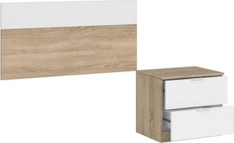 Dmora Table de chevet Dfarron, Table de chevet deux tiroirs avec tête de lit pour lit simple en 90, 150x50x38, 50x38h75 cm, Chêne et Blanc - Dmora