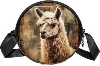 Generic Sac &agrave; bandouli&egrave;re rond pour femme, motif alpaga vintage, petit sac &agrave; bandouli&egrave;re avec fermeture &eacute;clair, bretelles r&eacute;glables, sac &agrave; main rond d&eacute;contrac