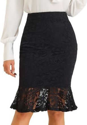 Allegra K Jupe Crayon Moulante en Dentelle De Sirène Vintage Élégante pour Femmes Noir XL