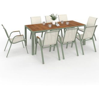 IDMarket Salon de jardin NOUMEA table 190 cm plateau verre tremp&eacute; effet bois et 8 chaises empilables vert et bois