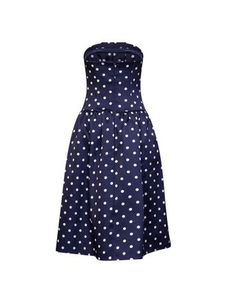 Self Portrait Womens Strapless Satin Midi Dress Navy Blue Polka Dot Polyester