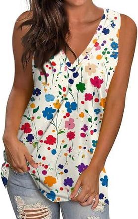 Generic Debardeur Femme Chic et &eacute;l&eacute;gant Col V Chemisier sans Manche Imprimer D&eacute;bardeur Top Ete Haut Chic et Elegant Fluide Ample Caraco Vetement Femme Ete Tee