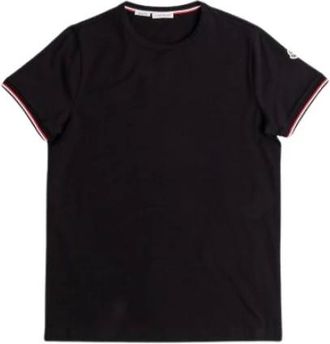 Moncler Homme, Tops, Noir, Taille: 2XL T-shirt en coton &agrave; bordure tricolore