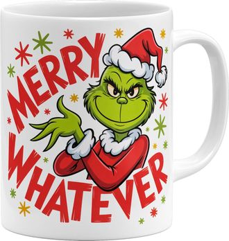 OM3 lustige Merry Whatever Christmas Kaffee-Tasse mit Spruch - freche Weihnachtstasse Weihnachten - Keramik Becher - 325ml - Beidseitig Bedruckt - Weiss