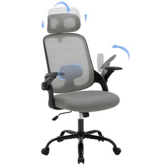 Woltu Bürostuhl ergonomisch, Arbeitsstuhl mit Verstellbarer Kopfstütze Lendenwirbelstütze, Wippfunktion Schreibtischstuhl für Büro, Bürostühle 150 kg, Grau