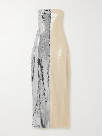 Dima Ayad Tr&auml;gerlose, Zweifarbige Robe Aus T&uuml;ll Mit Pailletten - Elfenbein