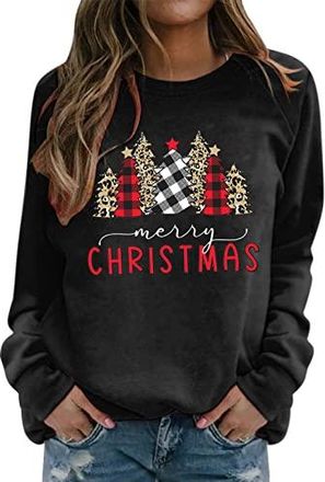 Generic Pull De Noël Femme, Tunique pour Femmes imprimé de noël O Cou Sweat col Rond Coupe Pull Hauts décontracté à Manches Longues Chemises dentraînement Blo