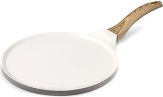 Cuisinox Mythic - Cr&eacute;pi&egrave;re 25.7 cm avec rev&ecirc;tement en c&eacute;ramique Blanche - Poign&eacute;e Fixe Soft Touch Effet Bois - sans PFOA et PFAS - Coloris Blanc et Gris