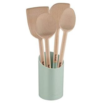 T-fal Natura K270S5 Lot de 5 ustensiles en bois : cuill&egrave;re 28 cm, spatule dangle 29 cm, plat 28 cm, 29 cm et support, certifi&eacute; FSC, anti-rayures et r&eacute;sistan