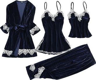 Generic Femme &Eacute;l&eacute;gante Broderie 4PCS Velours Ensemble Pyjama Peignoir + Robe + Pantalon V&ecirc;tements de Nuit Thermiques f19