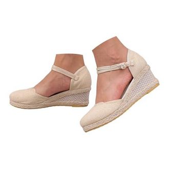 Generic Sandales &agrave; bout ferm&eacute; pour femme, espadrilles &agrave; talon bas compens&eacute; avec sangle de cheville, sandales habill&eacute;es d&eacute;contract&eacute;es d&eacute;t&eacute; confortables, beige,
