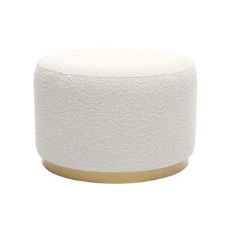 Miliboo Pouf Rond en Tissu Effet Laine boucl&eacute;e Blanc cass&eacute; et m&eacute;tal dor&eacute; D54 cm Amaya