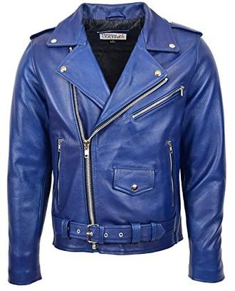 House Of Leather Kyle Veste de motard en cuir v&eacute;ritable avec fermeture &Eacute;clair crois&eacute;e Style Brando, bleu, L