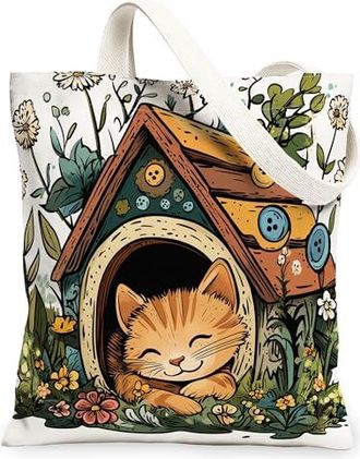 Generic Sac fourre-tout en toile motif chat abyssin printanier pour faire du shopping, 33 x 38,1 cm, maison amusante et r&eacute;utilisable, motif imprim&eacute; floral, sa