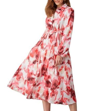 Grace Karin Robe trap&egrave;ze d&eacute;contract&eacute;e pour femme, col chemise, manches longues, robe mi-haute, robe florale avec ceinture, Teinture rouge fonc&eacute;, XXL