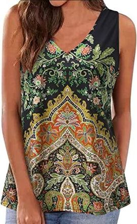 Generic Robe boh&egrave;me 2026 pour femme - Imprim&eacute; d&eacute;contract&eacute; - Sans manches - Col en V - D&eacute;bardeurs caraco, Vert, L