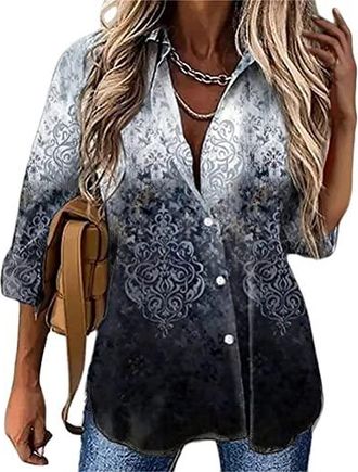 Onsoyours Chemisier Femme Col V Floral Imprimé Blouse Élégant Haut Manches Longues Boutons Tunique Ample Fluide Eté Plage T-Shirt Femme Tops Décontracté E Noir 