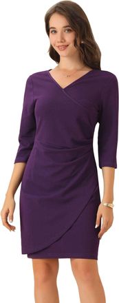 Allegra K Damen Wickelkleid 3/4-Ärmel Rüschen V-Ausschnitt Hochzeitsgäste Lässig Elegant Midikleider Lila L