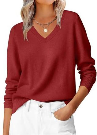 Generic Pull dautomne 2026 &agrave; col en V pour femme, solide, classique, d&eacute;contract&eacute;, en tricot c&ocirc;tel&eacute;, &agrave; manches longues, l&eacute;ger, tunique douce et basique, Rouge,