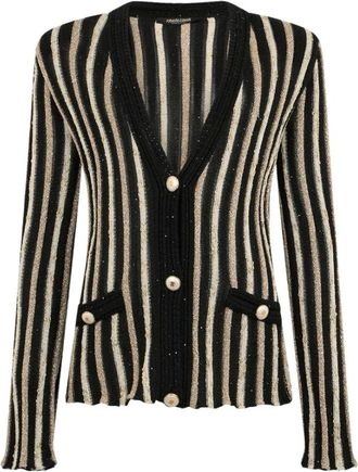 Roberto Cavalli Femme, Pulls, Noir, Taille: 38 FR Cardigan &agrave; Rayures Lamin&eacute;es