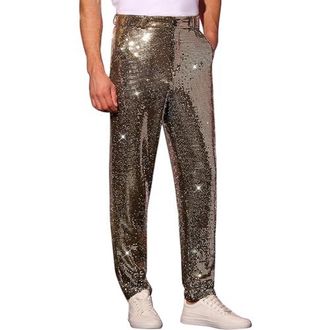 Generic Pantalon &agrave; paillettes pour homme - Argent&eacute; m&eacute;tallis&eacute; - Pantalon disco brillant - Pantalon de f&ecirc;te - Pantalon de jogging brillant - Pantalon de soir&eacute;e 
