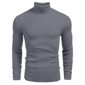 Generic Pull à col roulé pour homme, coupe ajustée, décontracté, manches longues, pull tricoté léger à col roulé, gris foncé, XXL