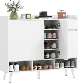 HOMCOM Schuhschrank mit 4 Tür, Druck zum Öffnen-Design Schuhregal Schuhkommode mit 4 Verstellbaren Ablagen, Schublade Schuhaufbewahrung mit Holzbeine 120 x 3