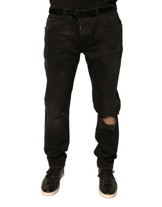 Dolce & Gabbana Mens Black Ripped Logo Cotton Skinny Denim Jeans Elastane Clothing