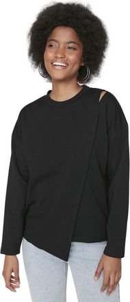 Trendyol Damen Crew Neck Plain Asymmetrisch Sweatshirt, Schwarz, S