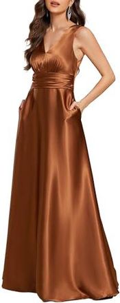 Ever-pretty Robe de Demoiselle dhonneur Femme Satin Poches Col V Taille Empire sans Manches Bronze 36