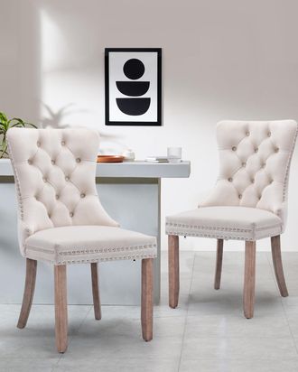 Generic Samtgepolstertes, Getuftetes Esszimmerstuhl-Set Mit Nagelkopfbesatz Und Beinen Aus Massivholz - Beige (für Esszimmer, Küche, Restaurant)(Beige,Set of 