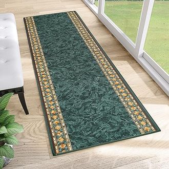 Tapiso Antid&eacute;rapant Tapis Couloir Long Tapis au M&egrave;tre Tapis de Passage Poils Ras Tapis Entr&eacute;e Cuisine &Eacute;vier Chambre Escaliers Moderne Vert Marron G&eacute;om&eacute;trique