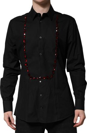 Dolce & Gabbana Mens Black Crystal Embellished Gold Dress Shirt Cotton
