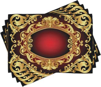 Abakuhaus Gelbes Damast Platzmatten, Rahmen Barock, Waschbare Stoff Esszimmer K&uuml;che Tischdekorations Digitaldruck, Braun Gelb und Schwarz