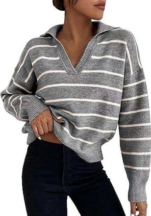 Generic Pull pour femme - Pull ray&eacute; &agrave; col en V - Coupe ample - L&eacute;ger - Manches longues - Doux et confortable - Pour lautomne et lhiver - &Agrave; porter au quotidien