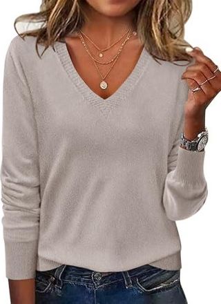 Minetom Pull Femme Pullover À Manches Longues en Tricot Sweat Col V Top Léger Couleur Unie Chandail Printemps Automne A Gris Clair XL